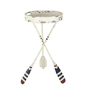 Deco 79 Metal Paddle Side End Accent Table Distressed Striped End Table with Navy and Red Striped Oar Legs, Side Table 16" x 16" x 28", White
