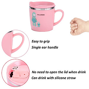 Valueder Baby Kids Toddler Sippy Cup Mug for Milk, Coffee, Stainless Steel Trainer Straw Cup with Lid, Fox, 7oz/Pink