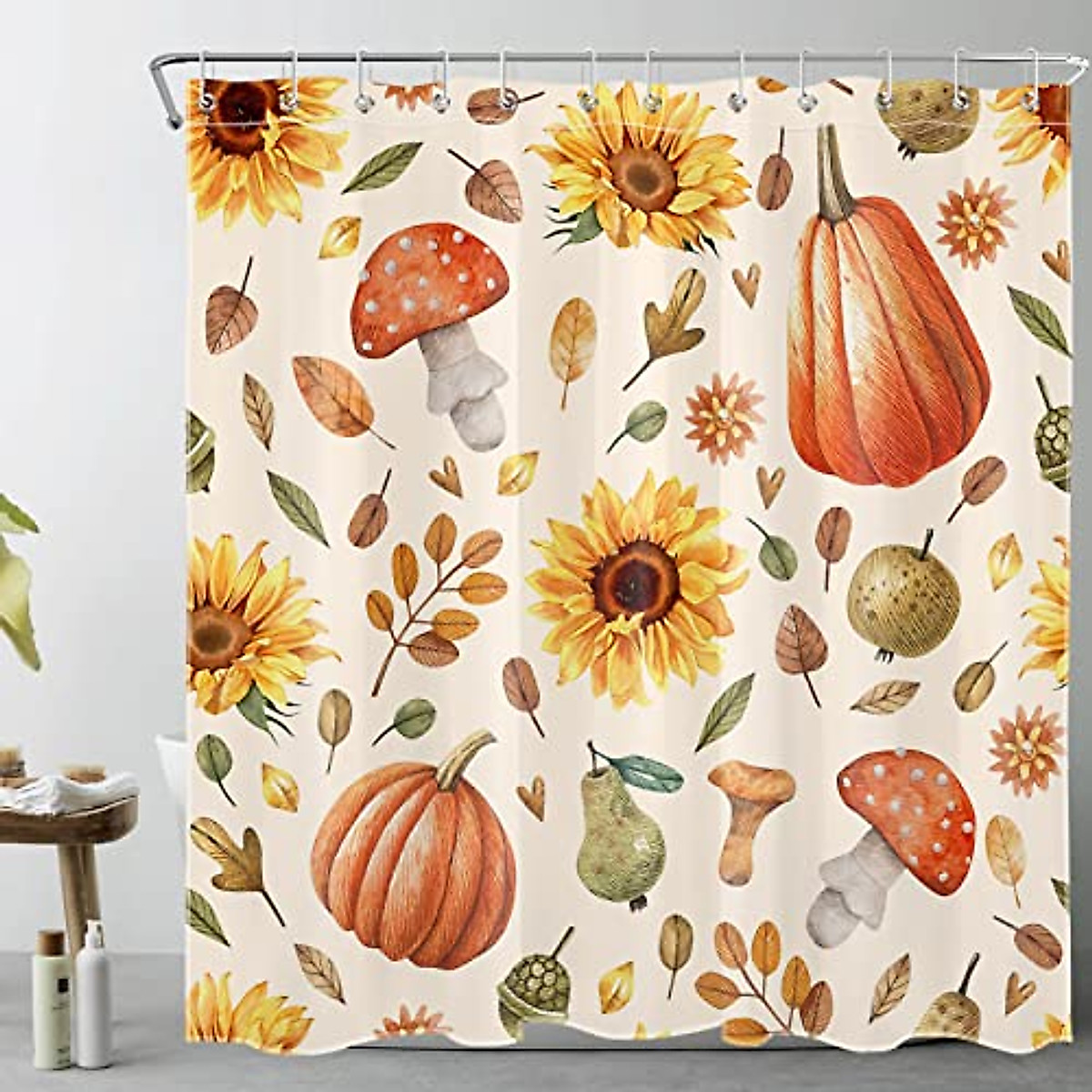 HVEST Fall Shower Curtain and Bathroom Rugs, Pumpkin Sunflower Autumn Leaf and Mushroom on Beige Shower Curtain with Bath Mat, 72X72 inches Farmhouse Fall Thanksgiving Bathroom Shower Curtain Set