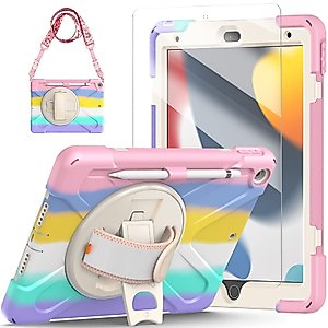 TSQQST iPad 9th 8th 7th Generation Case for Kids Girls 2021 2020 2019 | iPad Case 10.2 Inch Pink Colorful Cute w/Pencil Holder Screen Protector Stand Hand Shoulder Strap for iPad 9th/8th/7th Gen