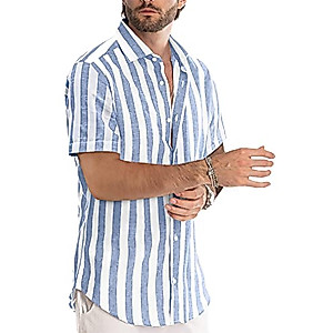 JMIERR Men's Summer Casual Stylish Short Sleeve Button-Up Shirts Cotton Linen Vertical Striped Business Dress Shirts Beach Cruise Shirt Resort Wear Old Money Aesthetic Clothes, US 43(L), Sky Blue