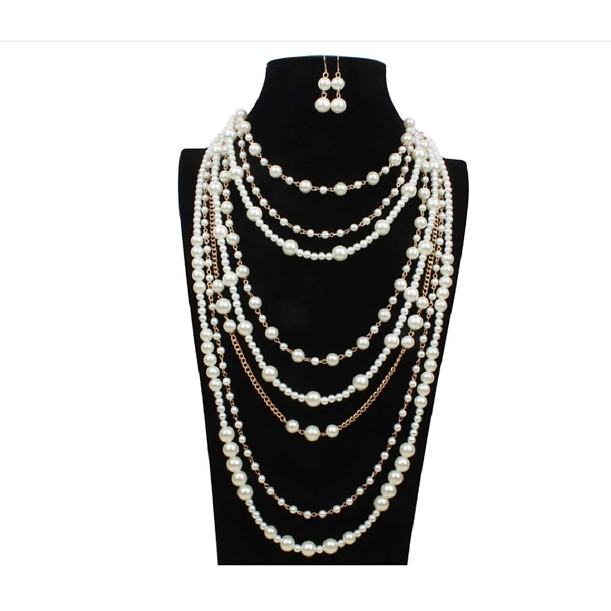 Askana Women's Vintage Retro Classic Style 1920s Fashion Faux Simulate Pearls White Beads Long Multi-layer Layered Statement Strands Necklace with Earrings