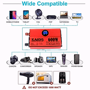 KAIDS Power Inverter Full Power 600W Car Inverter Laptop Charger Peak 1200W DC 12V to 110V AC Car Inverter USB Ports Charger Adapter Car Plug Converter with Switch and Current LED Screen (600w)