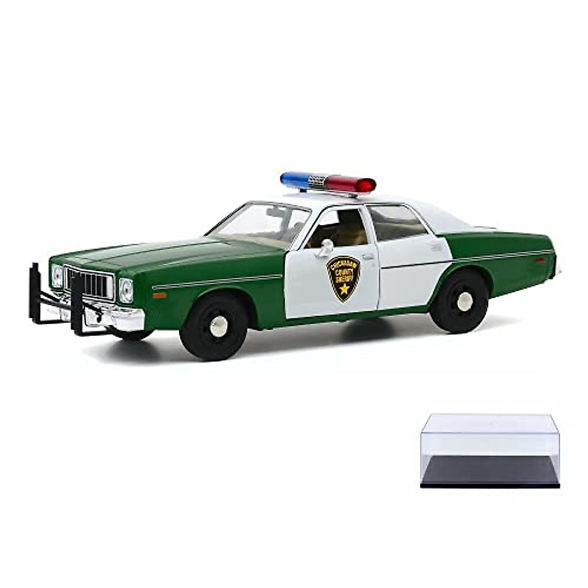 ModelToyCars Diecast Car w/Display Case - 1975 Plymouth Fury Chickasaw County Sheriff, Green and White - Greenlight 84096 - 1/24 Diecast Car