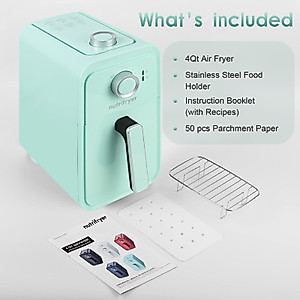 nutrifryer Air Fryer, 4Quart Air Fryer with Grill and Recipe Instructions, Small and Compact Design, 50Pcs Custom Parchment Paper Liners, Non-Stick Basket, 1400W, Aqua