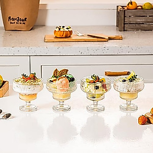 INSETLAN Ice Cream Sundae Glass Bowl Set of 4, Clear Stripes Footed Dessert Bowls 10oz, Glass Dessert Cups Perfect for Sundae, Ice Cream, Fruit, Salad, Cocktail, Trifle