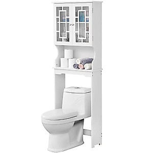 RICHRYCE Over-The-Toilet Storage, Wooden Bathroom Organizer, with 2 Glass Doors & Adjustable Shelf,Over Toilet Cabinets for Bathroom，67.1''L x 23.6''W x 8.5''H,(White)