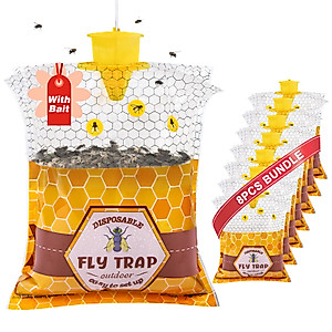 Big Fly Traps Outdoor Hanging, 8 Natural Pre-Baited Fly Bag Outdoor Disposable, Fly Hunter Stable Horse Ranch Fly Trap, Fly Catcher Killer Repellent Control for Mosquito Bug Barn Farm Patio & Camping