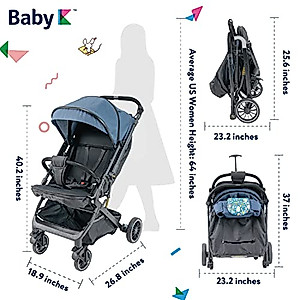 Baby K Lightweight Reversible Baby Stroller (Dark Blue- with Mesh Cover & Adjustable Canopy) - Easy Front/Rear Facing Reversible Stroller Handle - Compact Travel Stroller with Fold Up & Recline Mode