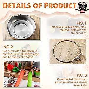 6 Pcs Bird Food Bowl Bird Feeding Dish Cups Stainless Steel Bird Water Feeder with Clamp 6 Rattan Balls and 4 Grinding Cage Perch Bird Toys Bird Perches for Budgies Parakeet Macaw Small Animals