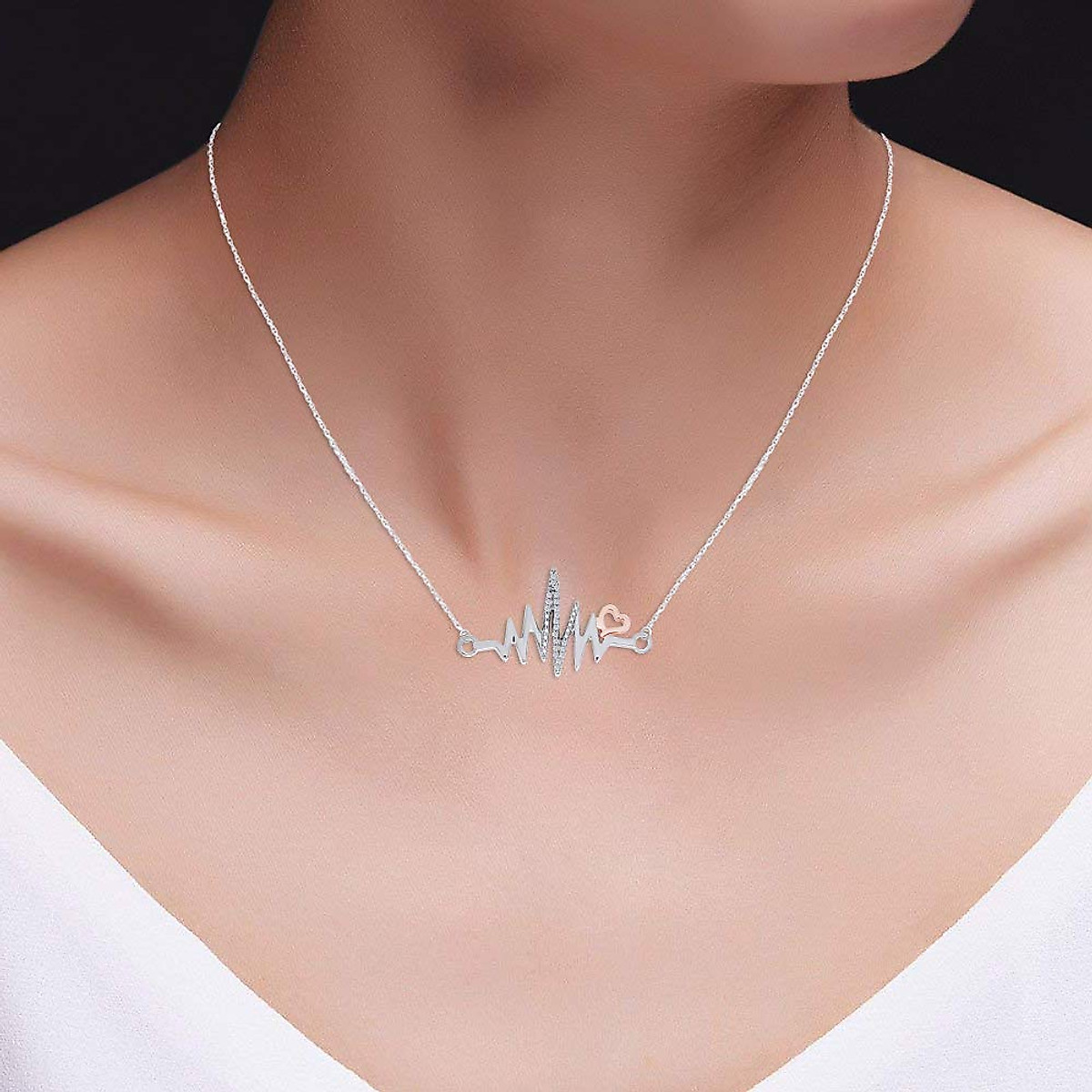 Wishrocks Round Cut Diamond Accent Heartbeat with Heart Necklace Jewelry For Women in 14K White Gold Over Sterling Silver Along With 18" Silver Chain