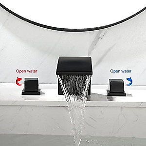 SHAMANDA Waterfall Bathroom Faucet 3 Hole, 2 Square Handle Widespread Rv Lavatory Sink Faucet with cUPC Water Supply Lines, Solid Brass, Matte Black, LB401-7