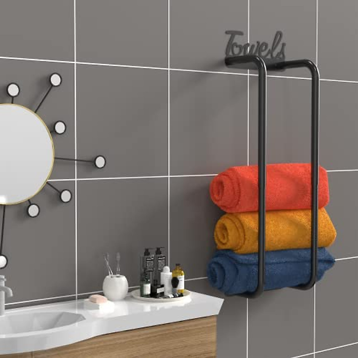 Towel Rack Wall Mounted,Wall Towel Rack for Rolled Towels,Washcloths Bathrobe Storage Shelf Organizer Hand Towels Holder for Bathroom Cloakroom - Black
