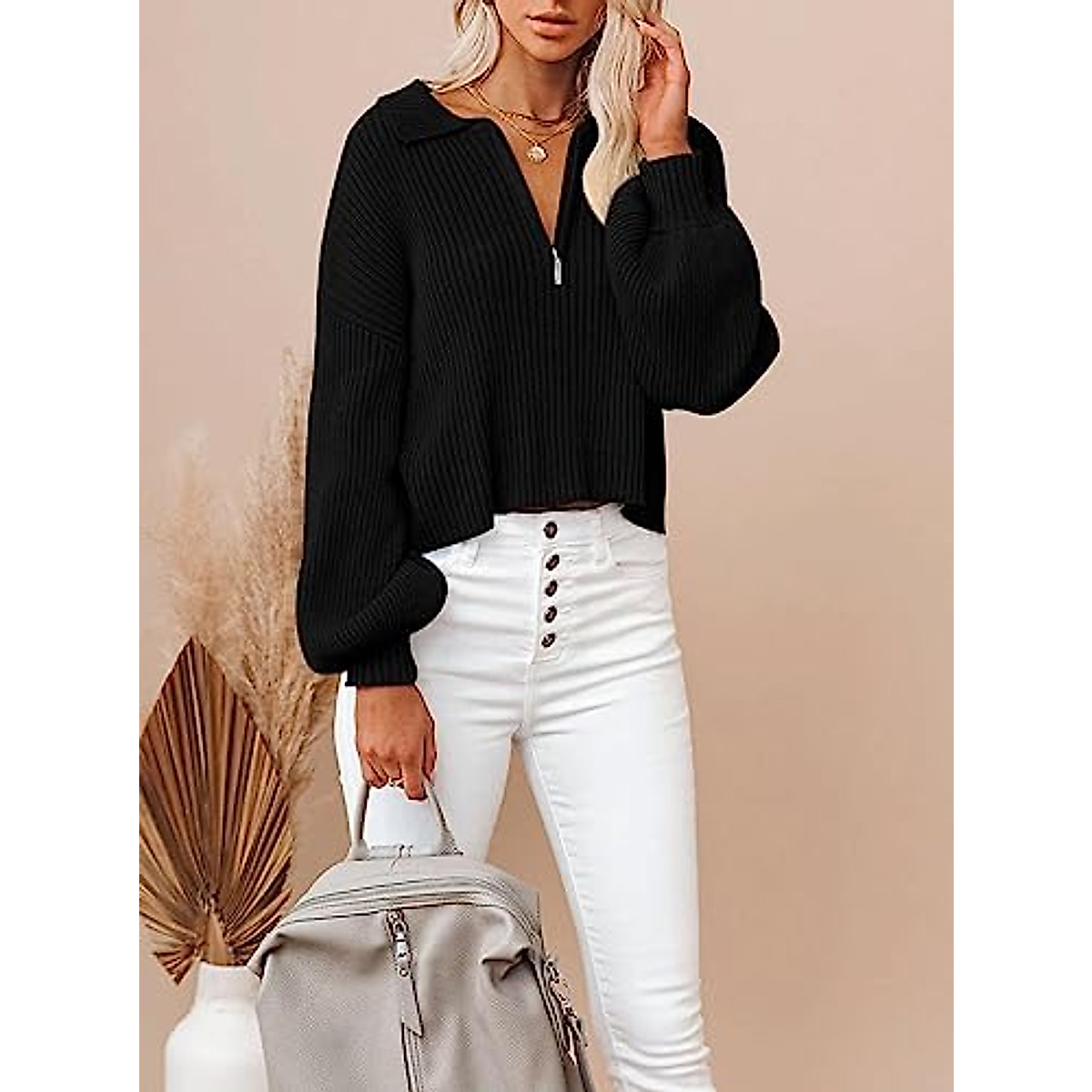 Pink Queen Women's 2023 Fashion V Neck Collared Crop Sweaters Casual Loose Lantern Long Sleeve Half Zip Slouchy Ribbed Knit Jumper Tops Black L