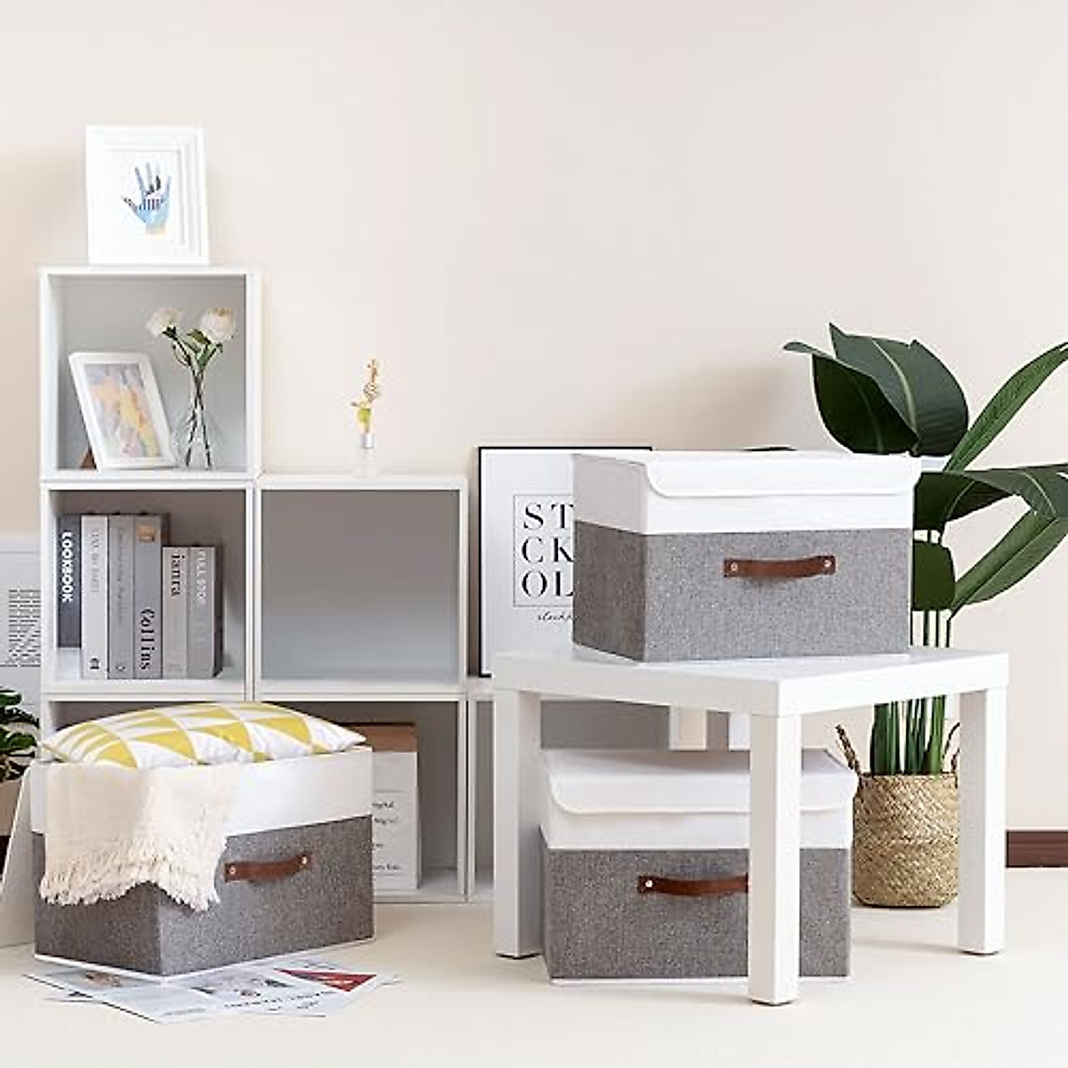 Yawinhe Collapsible Storage Boxes with Lids Fabric Foldable Storage Bins Organizer Containers Baskets with Lid for Home Bedroom Closet Office SNK024WGS-3