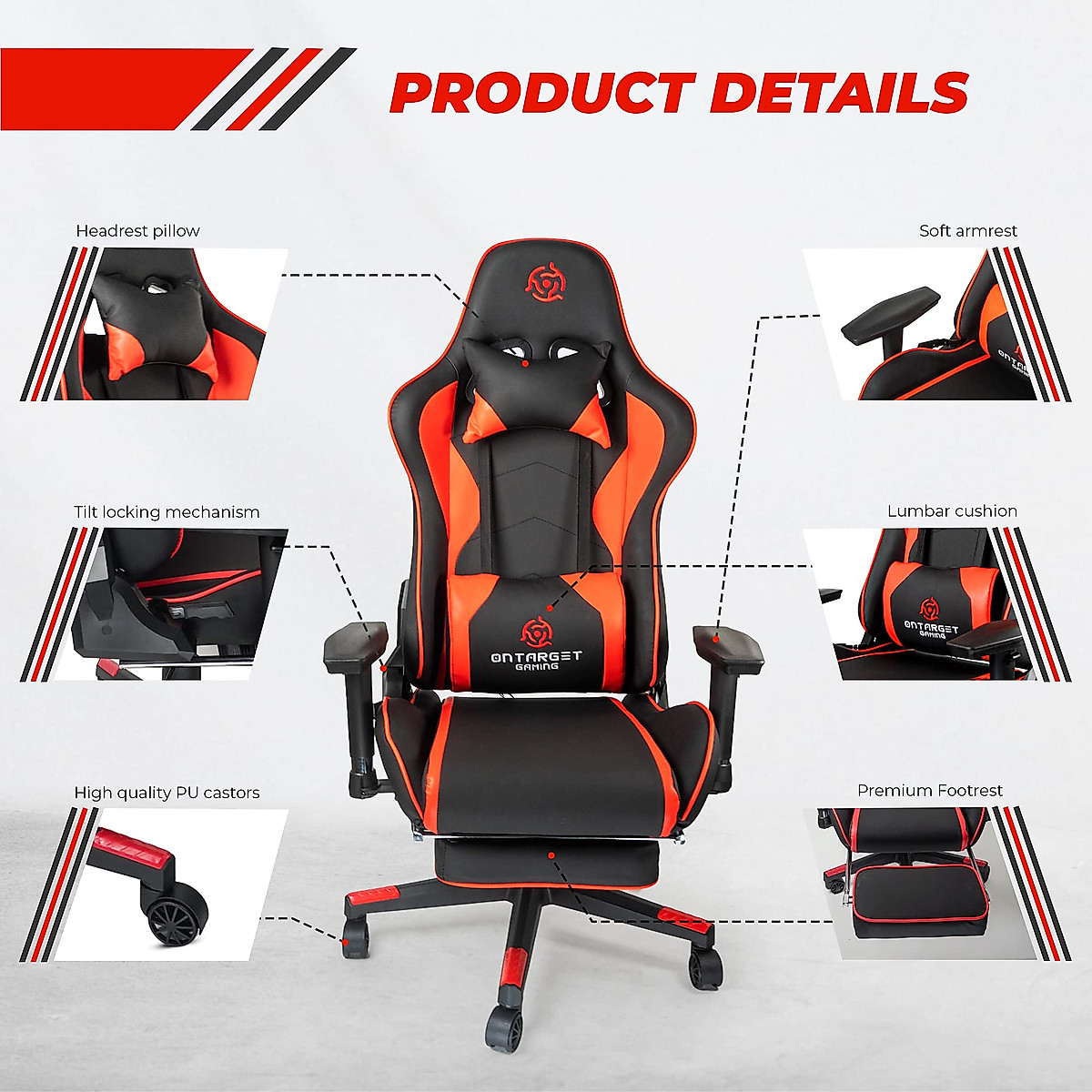 OnTarget Gaming Gaming Chair with Footrest High Back Gaming Chair with Footrest Ontarget GC100 Video Game Chair PC Racing Style Gamer Chair