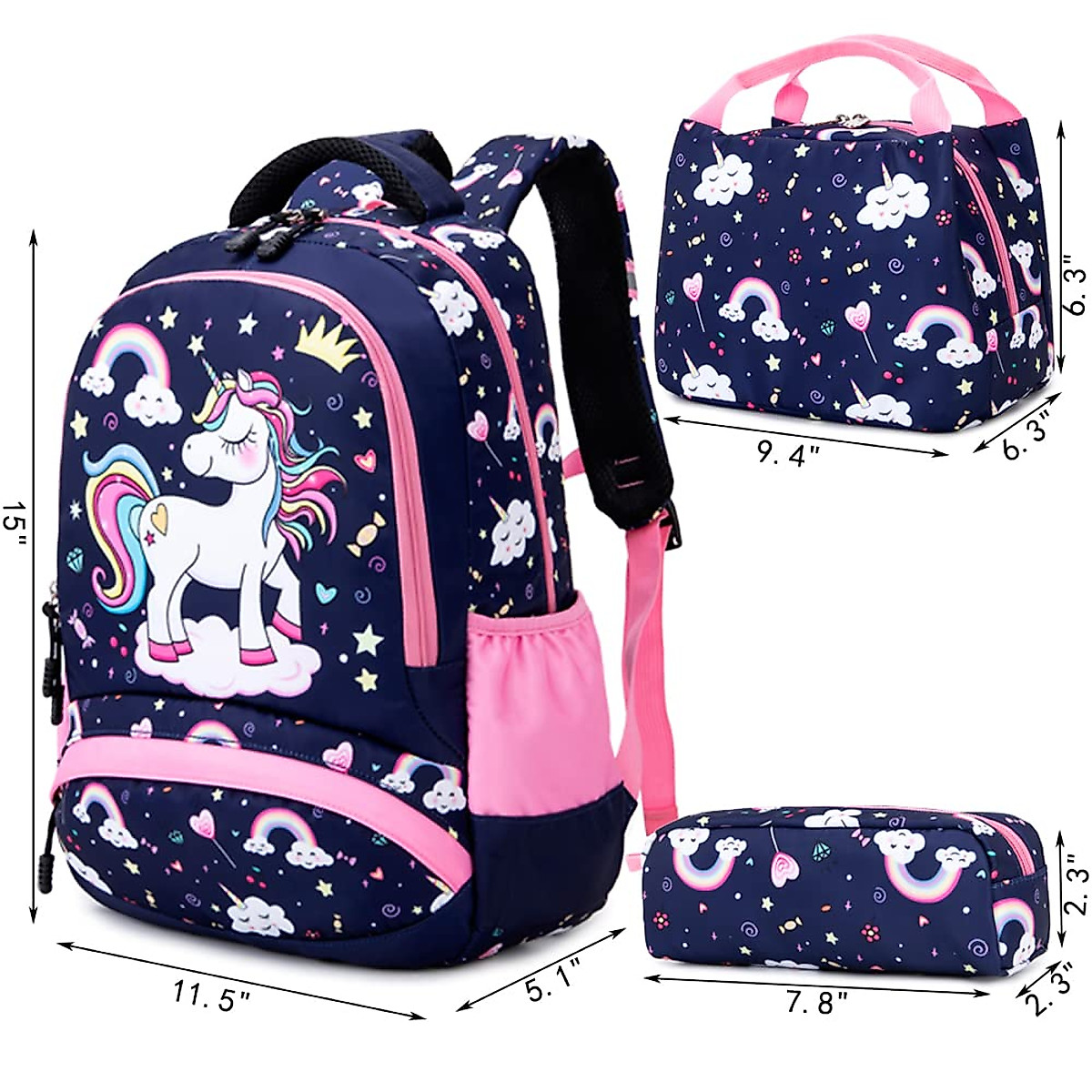 Dafelile Backpack Unicorn for Girls School Preschool Backpack for Girls School Bookpack Set with Lunch Bag Pencil Bag(Navy Pink)