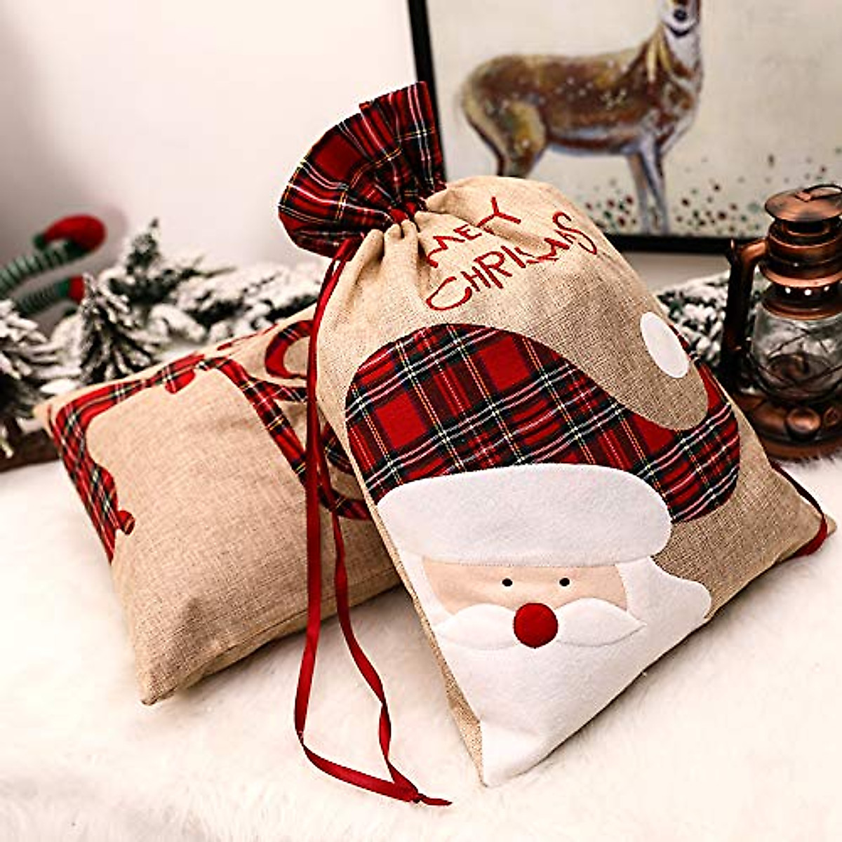Yordearly 2Pcs Santa Sack Bags, Large Christmas Cloth Bag with Drawstring, 16" X 22" Inch Reusable Xmas Present Storage Bag