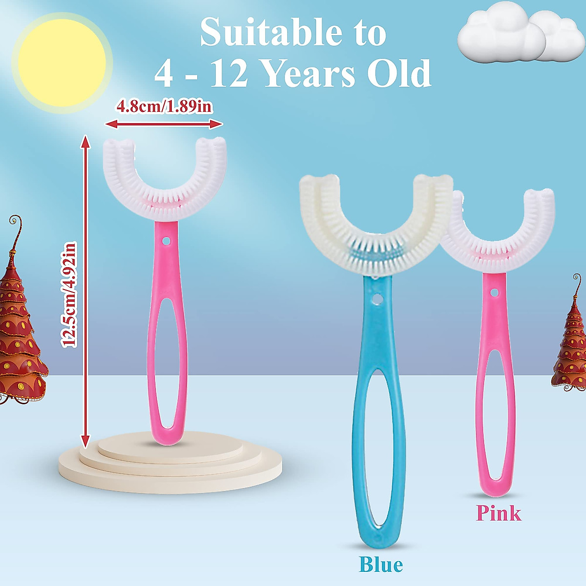 U Shaped Toothbrush l Kids Toothbrushes With Silicone Brush Head - Soft Manual Training Toothbrush, 360° Oral Teeth Cleaning Design for Children, Childrens U Shaped Toothbrush, 4 Pack Kids