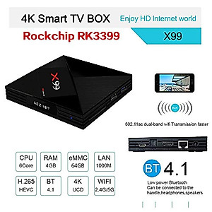 X99 4GB 64GB Rockchip RK3399 Android 7.1 TV Box 2.4 G&5G Dual WiFi BT4.0 1000M LAN USB3.0 Type-c Media Player with Wireless Mini Backlit Keyboard