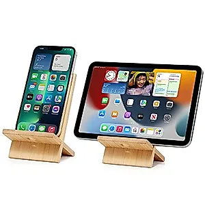 FadyDail Bamboo Cell Phone Stand with Charging Hole, Detachable Wood Mobile Phone Holder for Desk Tablet Stand Wooden Desktop Dock Cradle for iPhone iPad Samsung and All Smartphones