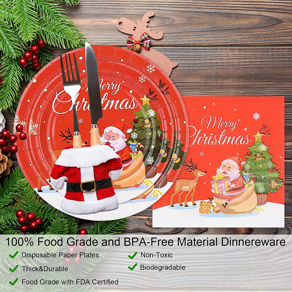 Bluechok Christmas Party Paper Plates Sets, 72Pcs Santa Elk Print Decorations Supplies, Disposable Xmas Holiday Decor Tableware Set Includes Paper Plates and Napkins for 24 Guests