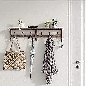 VERTORGAN Coat Hooks, Wood Rack Wall-Mounted, 31.5 Inch Entryway Shelf with 10 Hooks (Brown)
