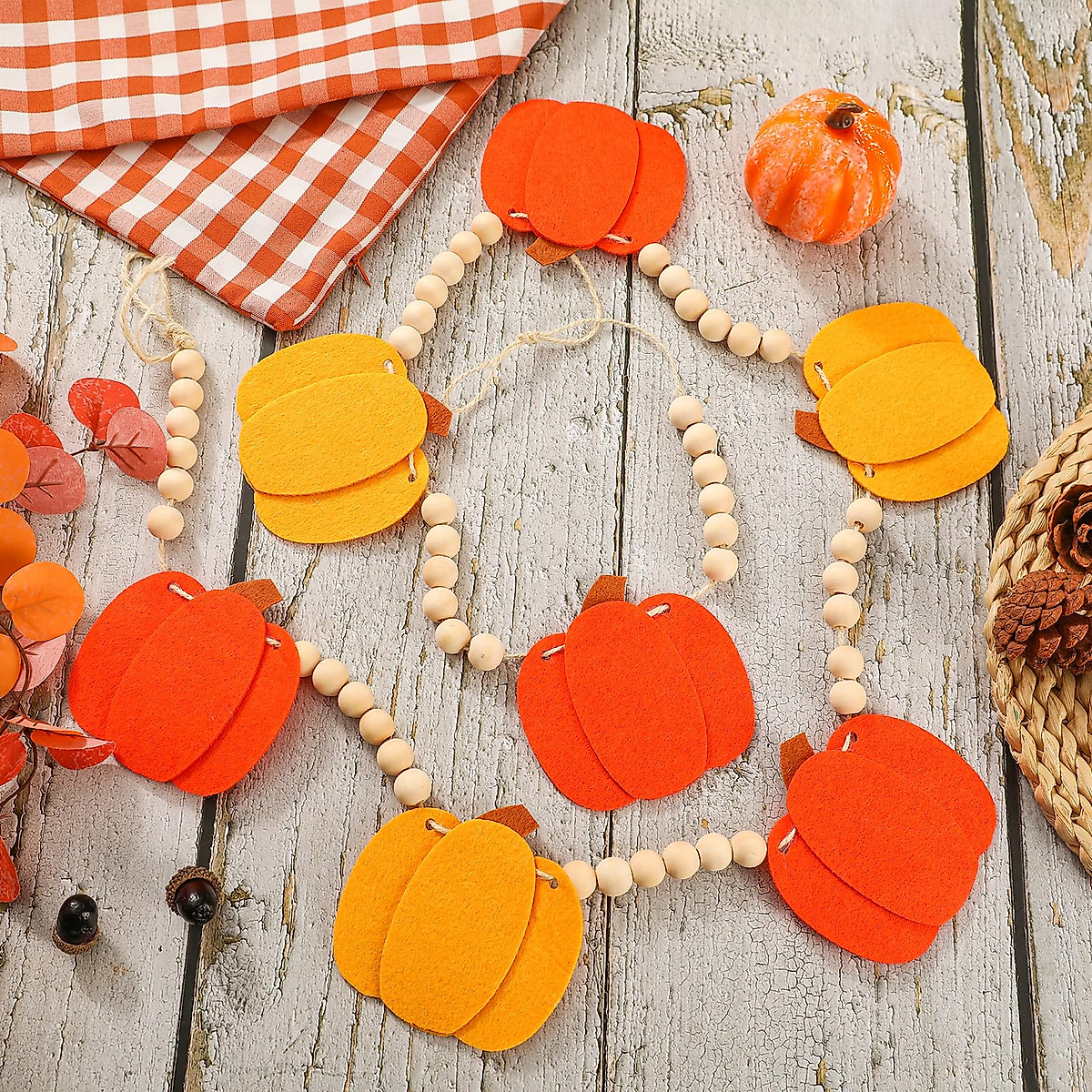 Fall Decor-Fall Decorations for Home-Felt Pumpkins Wood Bead Garland for Fall Decor- Halloween Thanksgiving Farmhouse Felt Pumpkins Banner for Fireplace Mantel Walls