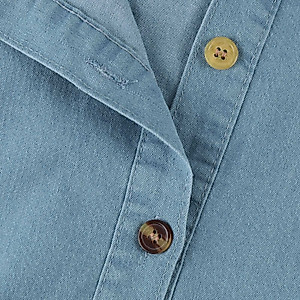 Summer Short Sleeve Sundress Lady Elegant Birthday Midi Baggy Denim Solid Button Lightweight V Neck Dress Women's Blue