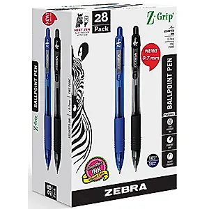 ‎Zebra Pen Zebra Pens Z Grip - 28 Pack Ink Pens, Retractable Ballpoint Z-grip Fine Point 0.7 mm 14 Black & Blue Writing for School College Office Home Use., 28 Count (Pack of 1)