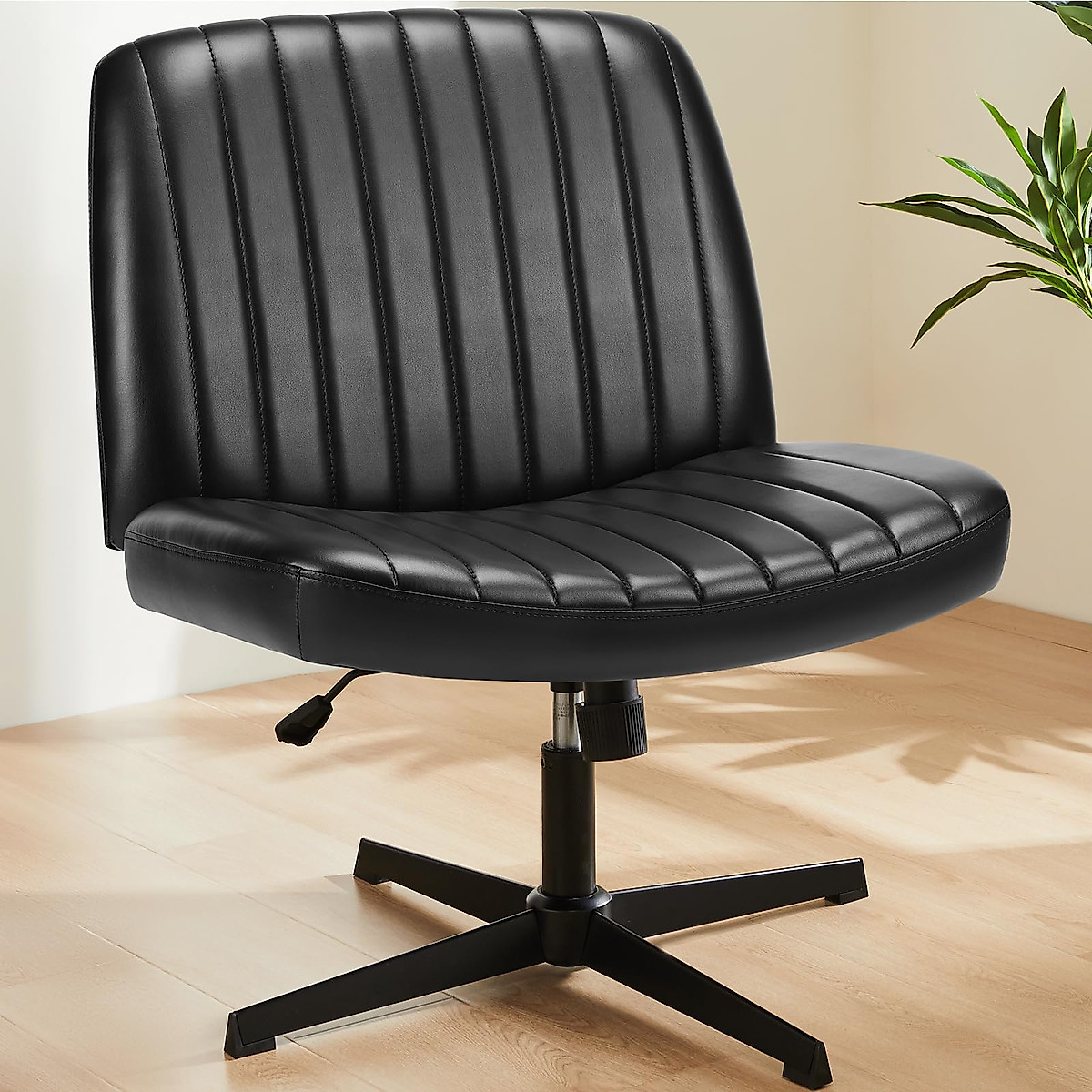 Sweetcrispy Office Chair No Wheels - Armless Desk Chair No Wheels Cross Legged Office Chair Wide Swivel Leather Home Office Desk Chairs