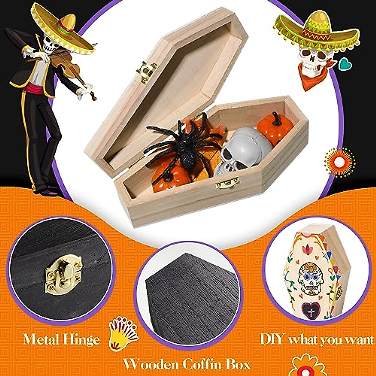 Thyle 4 Pack Unfinished Halloween Coffin Boxes Wood Coffin Shaped Boxes with Hinged Lids for DIY Crafts Wooden Coffin Boxes for Treats Favors Decoration Jewelry Casket Coffin (Black Burlywood,7 Inch)
