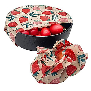 Beeswax Wrap- Set of L, M, S Odor Free High Quality Beeswax Wraps- Designed in USA- Handcrafted from Certified Organic Cotton, Beeswax, Tree Resin, Jojoba Oil-Eco-Friendly-Zero Waste-Strawberry Design