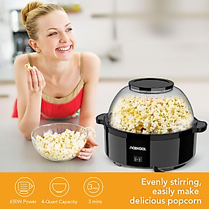 Stir Popcorn Popper, Electric Hot oil Popcorn Popper Maker with Nonstick Plate and Clear Bowl, Popcorn Machine 10-Cup Great for Home Party Kids