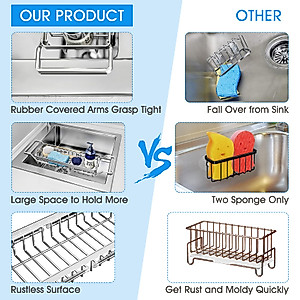Sponge Holder for Kitchen Sink, Sink Caddy, Expandable (16.7"-21.2") Kitchen Sink Organizer with Dishcloth Towel Holder, Stainless Steel Over Sink Holder