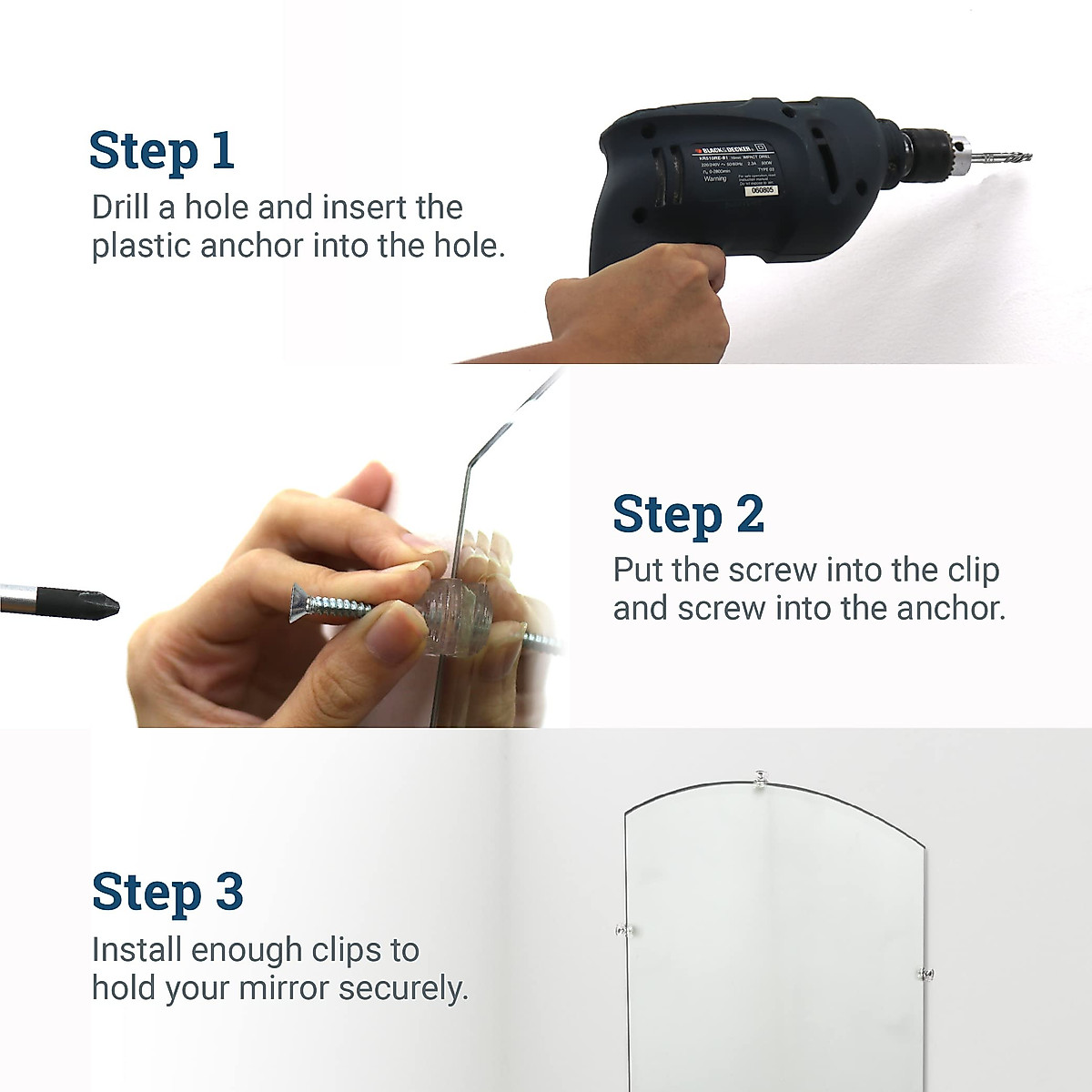 Clear Mirror Clips for Frameless Mirrors - Holds 1/4" Thick Glass - Pack of 20 Includes Anchors and Screws Kit