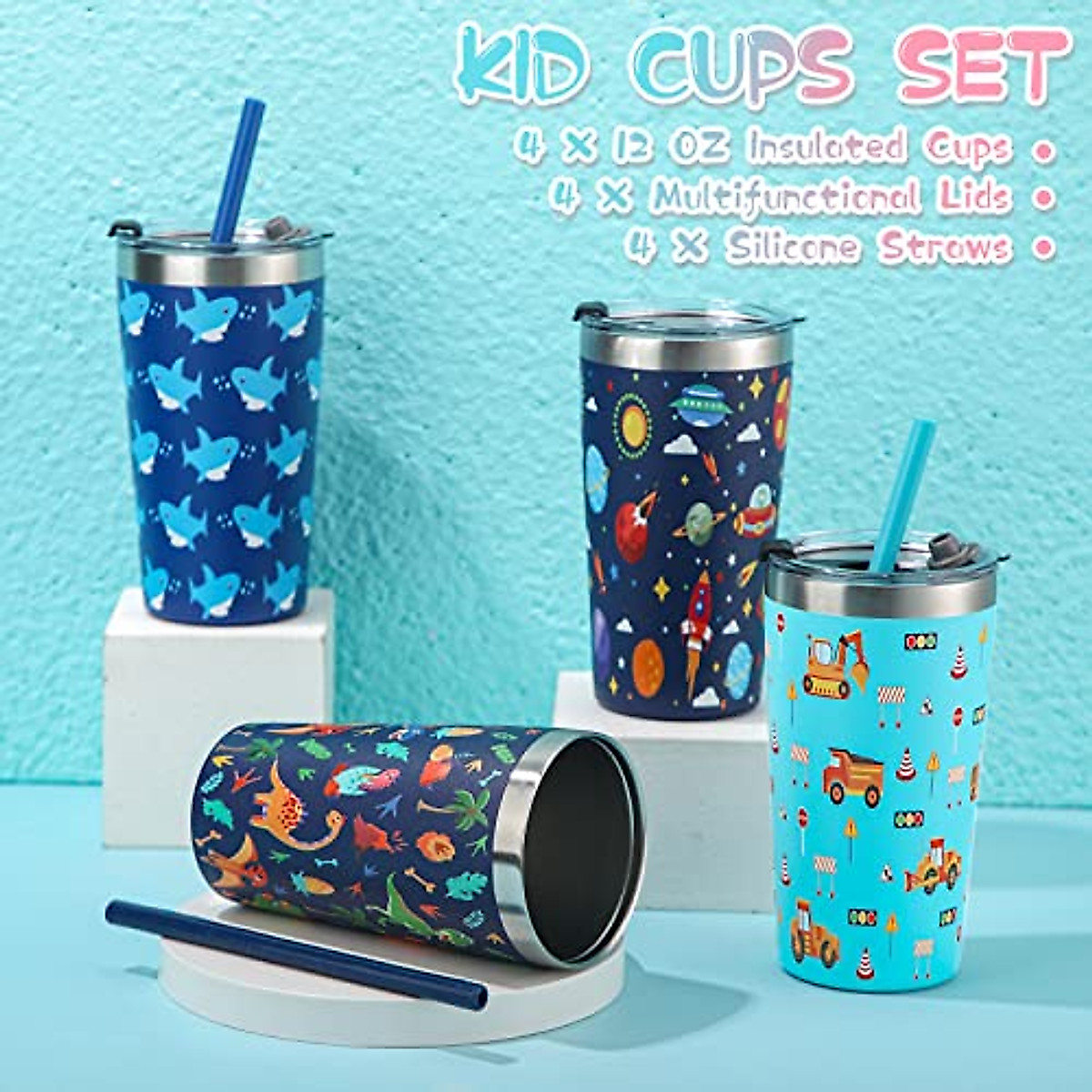 4 Pack Kids Cups with Straw Lid, Toddler Smoothie Cup Spill Proof Vacuum Stainless Steel Insulated Tumbler for Boys, 4 Styles Powder Coated Baby Child Cup + BPA Free Lids + Silicone Straws (12 Oz)