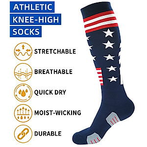 BUENWAZ Knee High American Flag Baseball Socks for Men Athletic Cushioned Patriotic Over the Calf Socks for Softball Football Soccer (Stars & Stripes)
