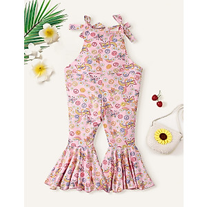 Toddler Baby Girl Romper Kids Clothes One Piece Floral Sleeveless Strap Jumpsuit Suspender Bell Bottoms Pants Summer(Pink Rainbow, 5-6 T)