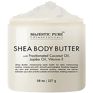 Majestic Pure Shea Body Butter - Intense Hydrating with Fractionated Coconut Oil, Jojoba, and Vitamin E - Moisturize for Dry, and Oily Skin - For All Skin Types - Skin Care for Men and Women - 8 oz