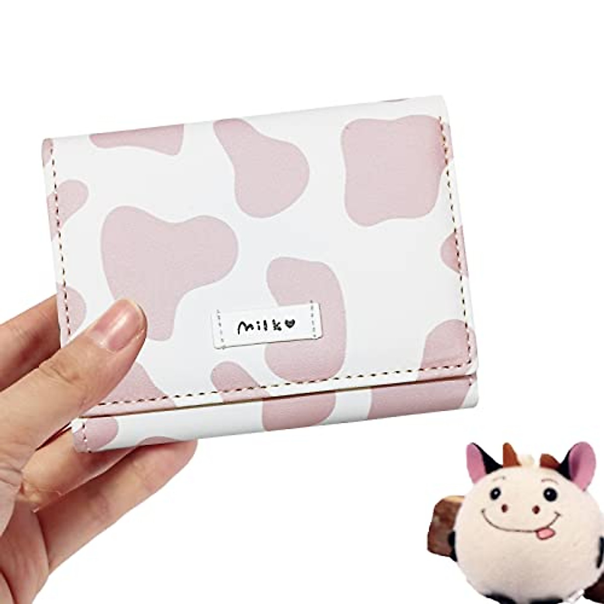 MOZXIRZ Women Girls Wallet Cute Cow Print Tri-Fold Wallet PU Leather Purse Slim Small Short Wallet Cartoon Trifold Cash Card Holder Bag (Pink Cow)