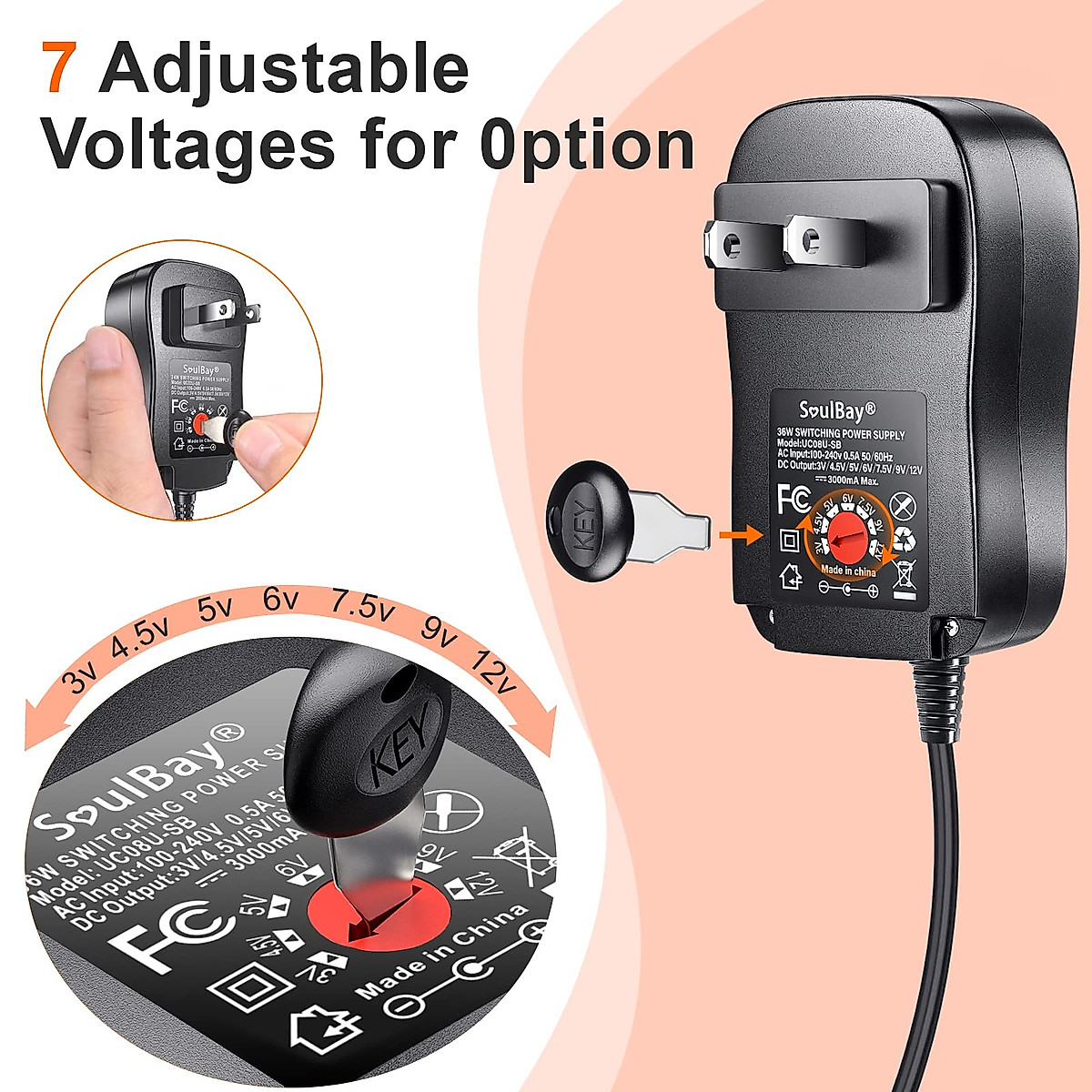 SoulBay 36W Universal AC Adapter 3V 4.5V 5V 6V 7.5V 9V 12V Multi Voltage Switching DC Power Supply Transformer with 8 Adapters for Household Electronics, 3000mA Max