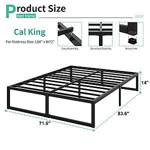 Lutown-Teen 14 Inch California King Bed Frames No Box Spring Needed Heavy Duty Metal Cal King Platform for Mattress Foundation, Noise Free, Easy Assembly, Black