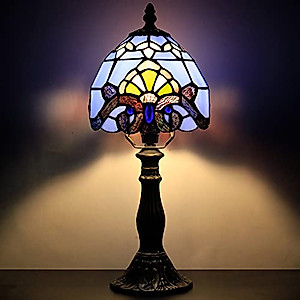 RHLAMPS Small Tiffany Lamp Mini Accent Table Lamp Blue Stained Glass Baroque Style Desk Memory Lamp Sympathy 6X14.6 Inch