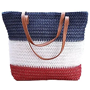 JNF Large Beach Bags for Women Crochet Beach bag Rattan Woven Tote Bag Travel Totes Bohemian Straw Beach Bags and Totes Towel Bag (Straw Beach bag 09)
