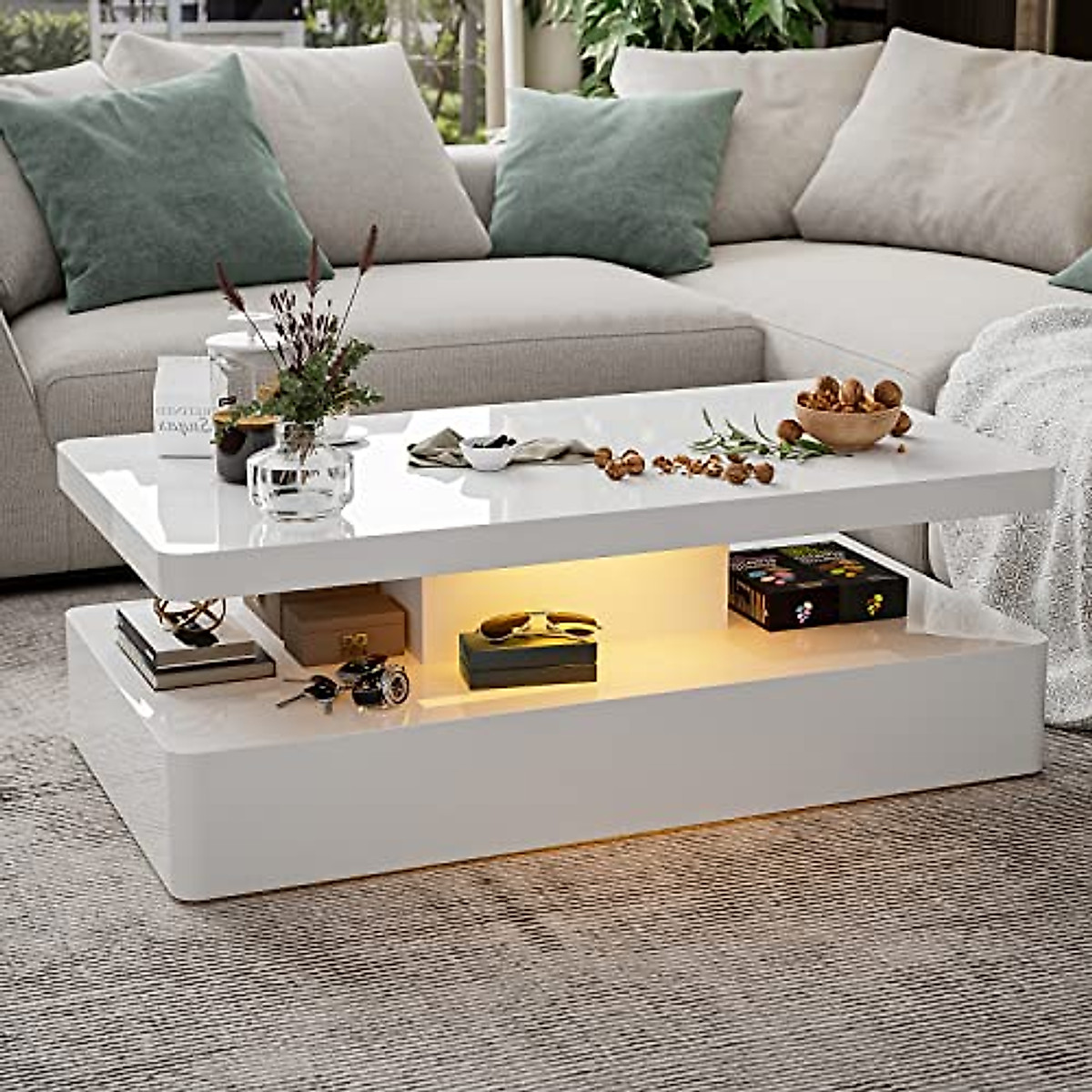 IKIFLY Modern High Glossy White Coffee Table with 16 Colors LED Lights, Contemporary Rectangle Design Living Room Furniture, 2 Tiers