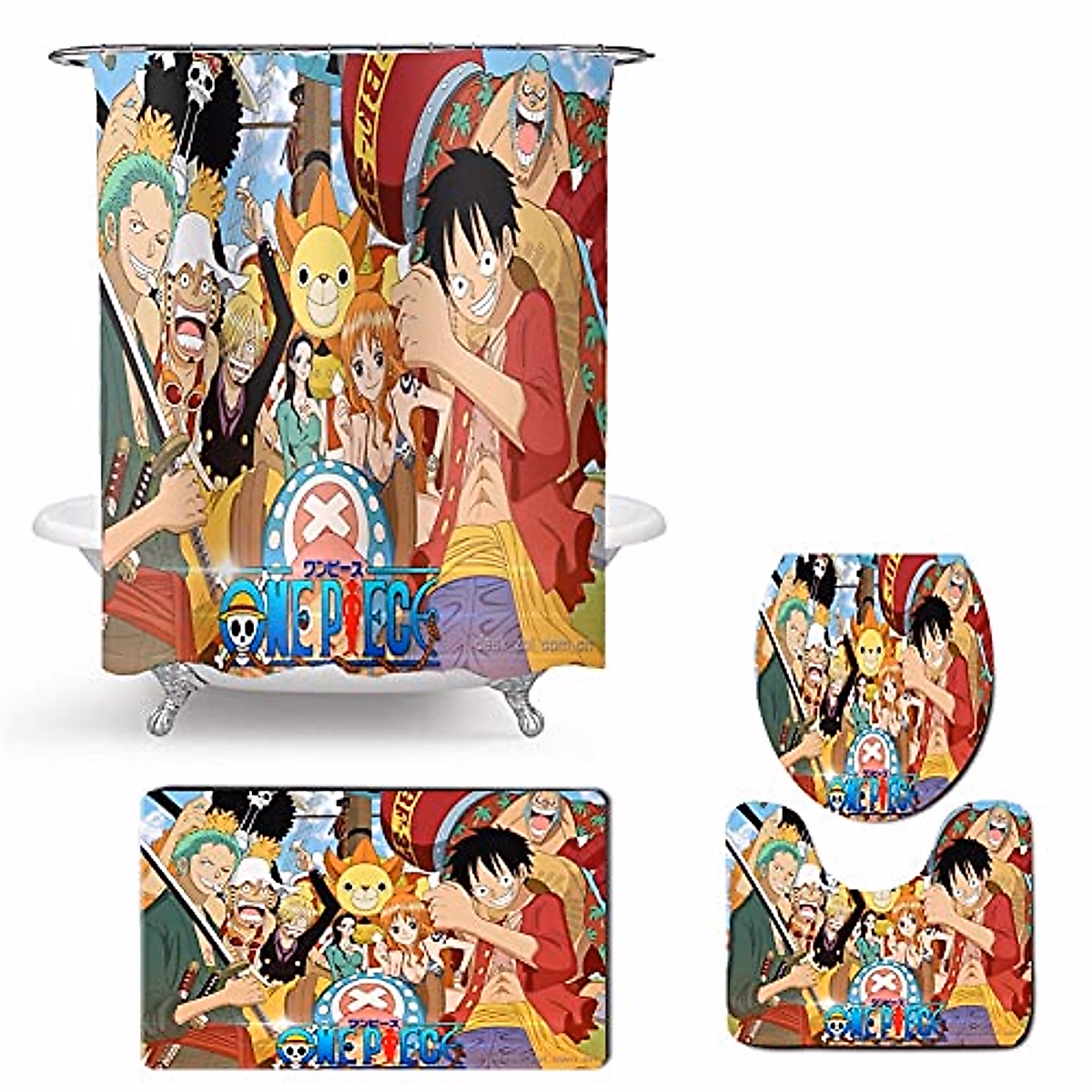 Superdada 4 Piece Japan Anime Bathroom Set One Piece Waterproof Shower Curtain Anti Slip Area Rugs Toilet Lid Cover Bath Mat Set 70x70in (Color:A)