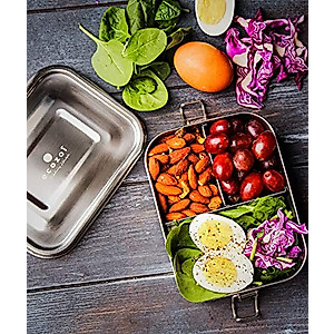ecozoi Stainless Steel Lunch Box, Leak Proof Metal Bento Box with 3 Compartments, 35 Oz Bento Box, BPA Free Meal Prep Food Container | Bonus 50 ml Sauce Container