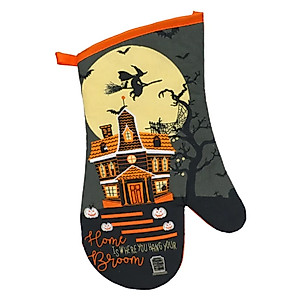 Greenbrier International Halloween 5 Piece Kitchen Linen Set Home is Where You Hang Your Broom, Orange, Black, Yellow, Printed
