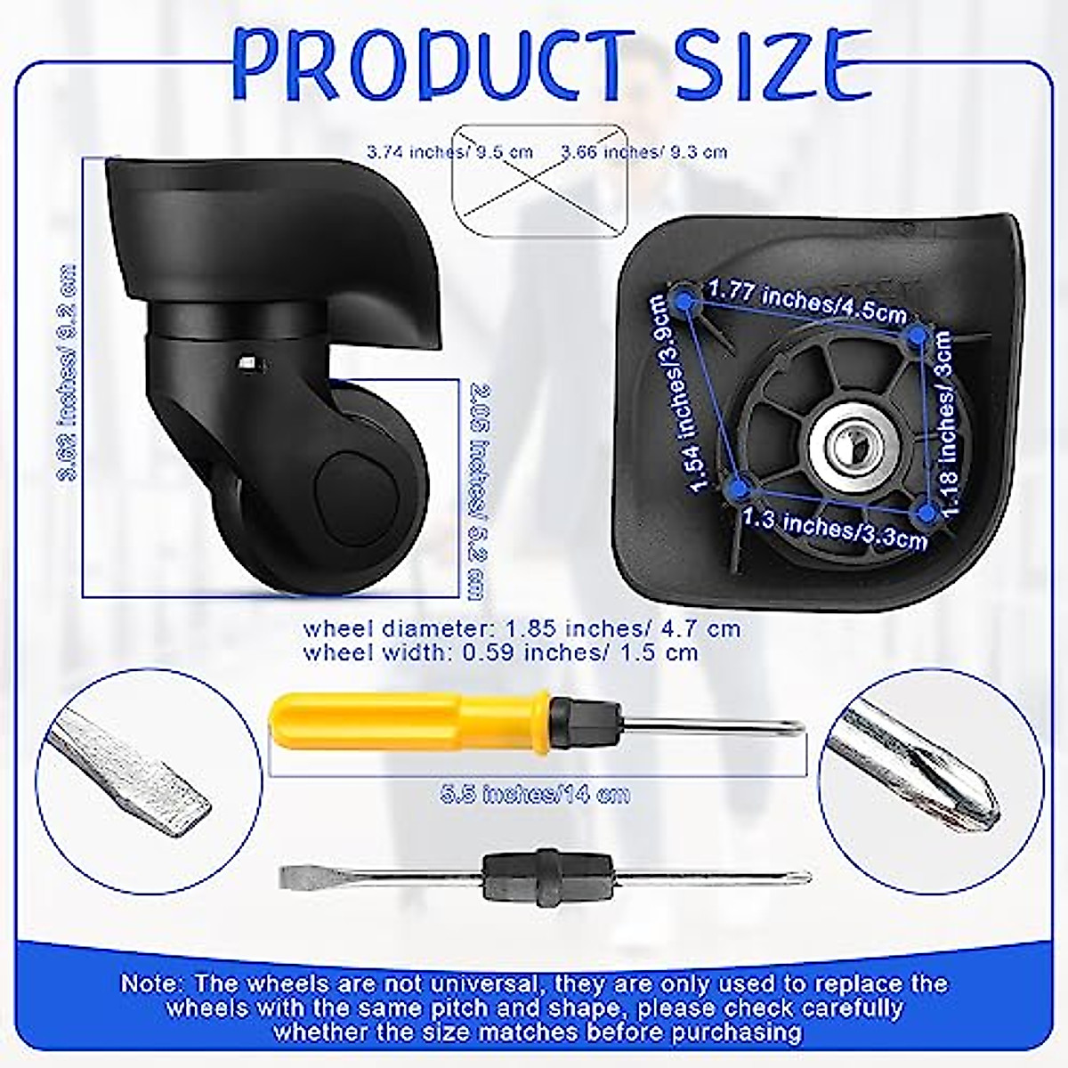 Silkfly 4 Pcs Luggage Wheels Replacement Travel Suitcase Caster Wheels Mute Bearing Swivel Wheel with Screw Replacement Left and Right Wheels for Luggage (Small Hole Pitch 1.18"/1.3"/1.54"/1.77")